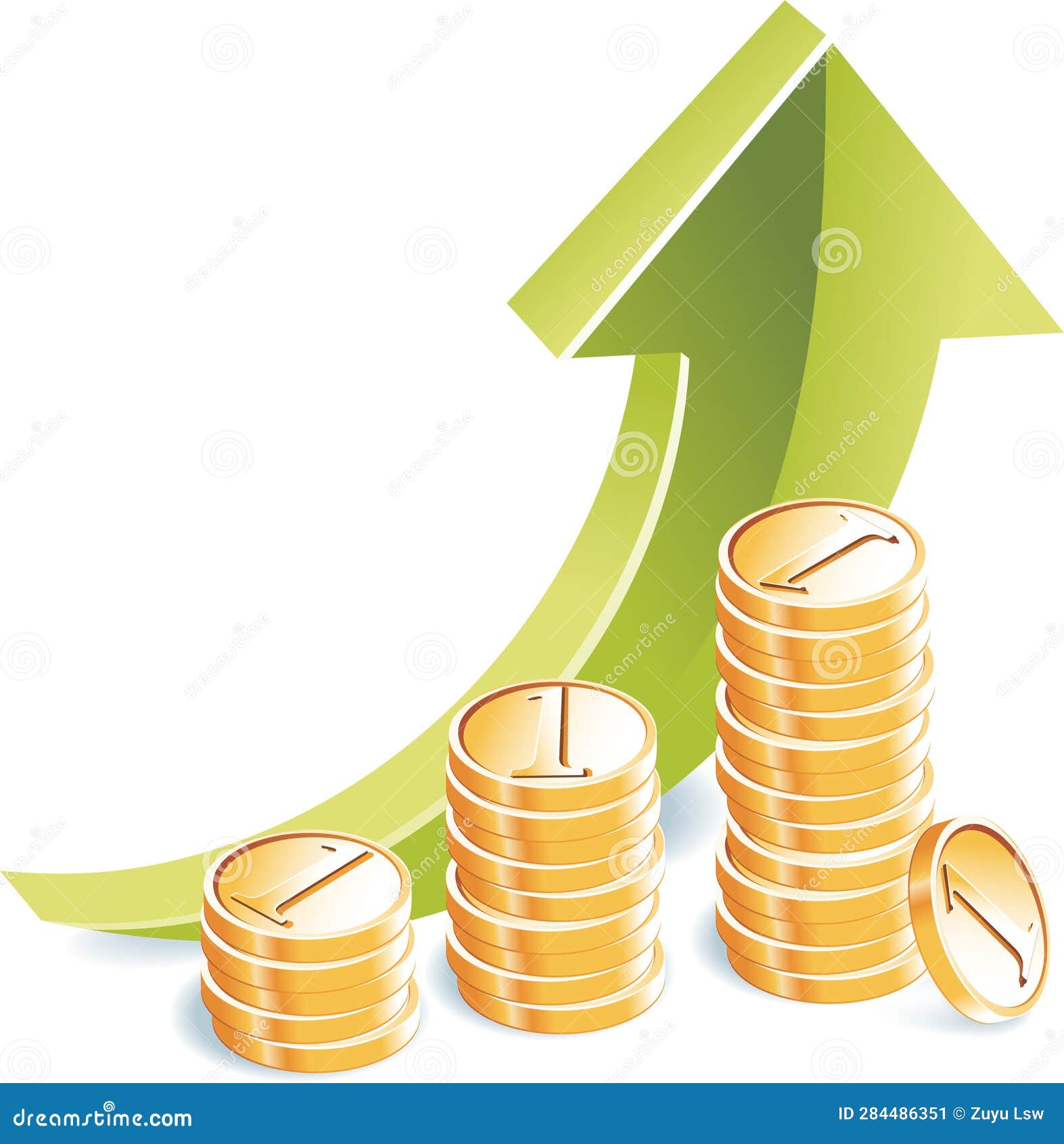 Green Arrow Graph Going Up Over Pile of Gold Coins, Gold Coins with ...