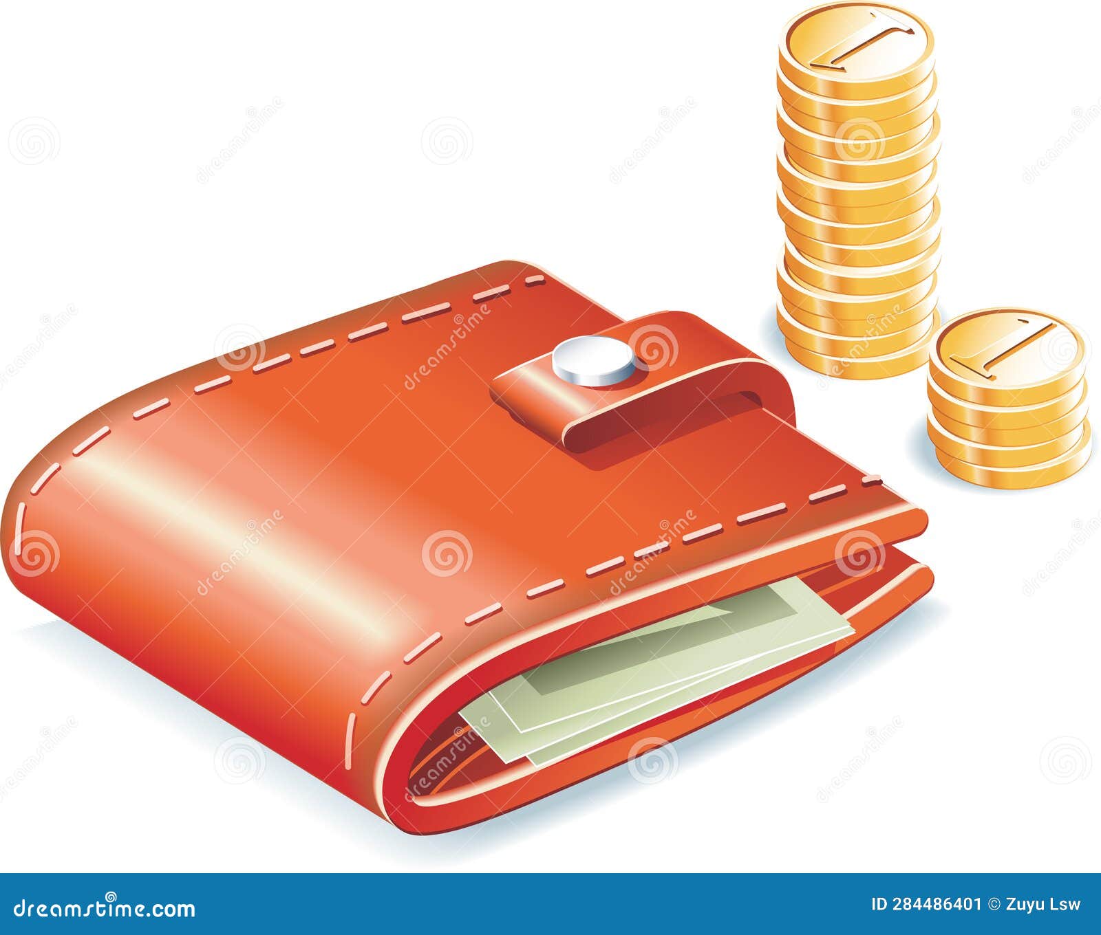 Red Brown Wallet with Banknotes and Golden Coins. Hand Drawn Vector ...