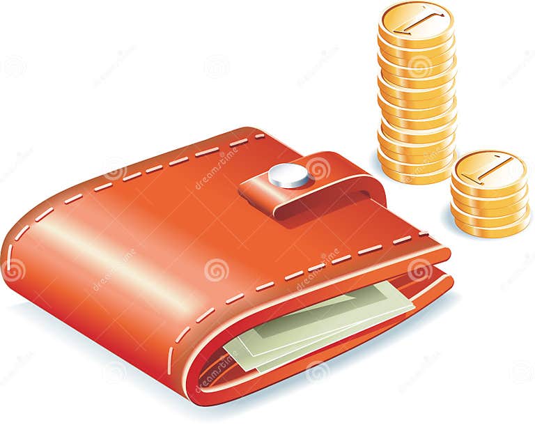 Red Brown Wallet with Banknotes and Golden Coins. Hand Drawn Vector ...
