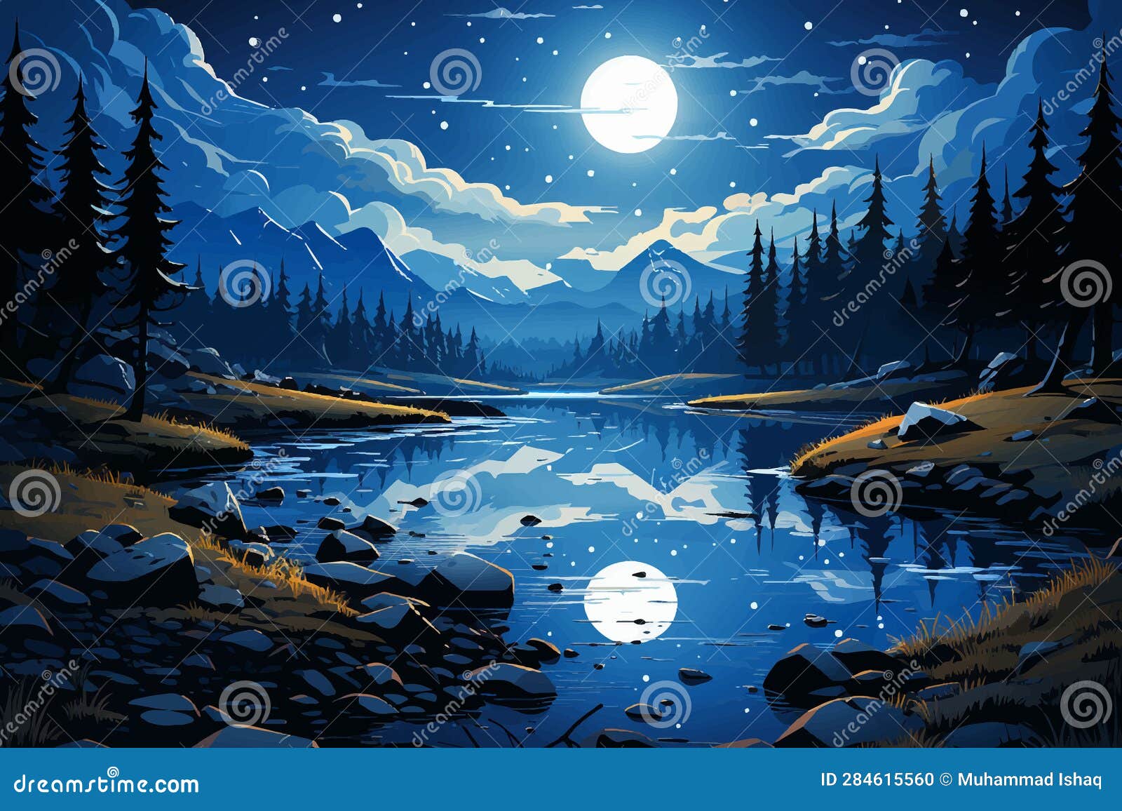 Cobalt Reflections, Nighttime Lake Setting with Shimmering Blue Hues ...