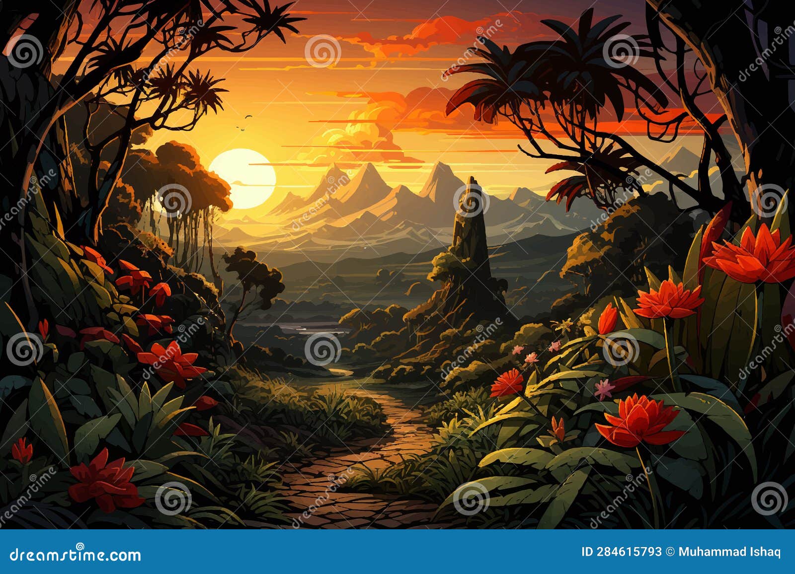 Morning Jungle Glow, Vibrant Foliage Radiates Under the Bright Morning ...