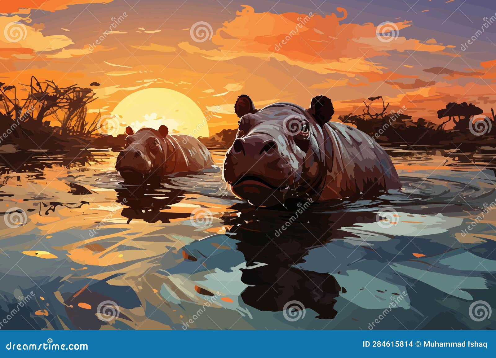 Okavango Delta Dusk, Hippos Wallow in Silhouette As the Sun Sets Stock ...