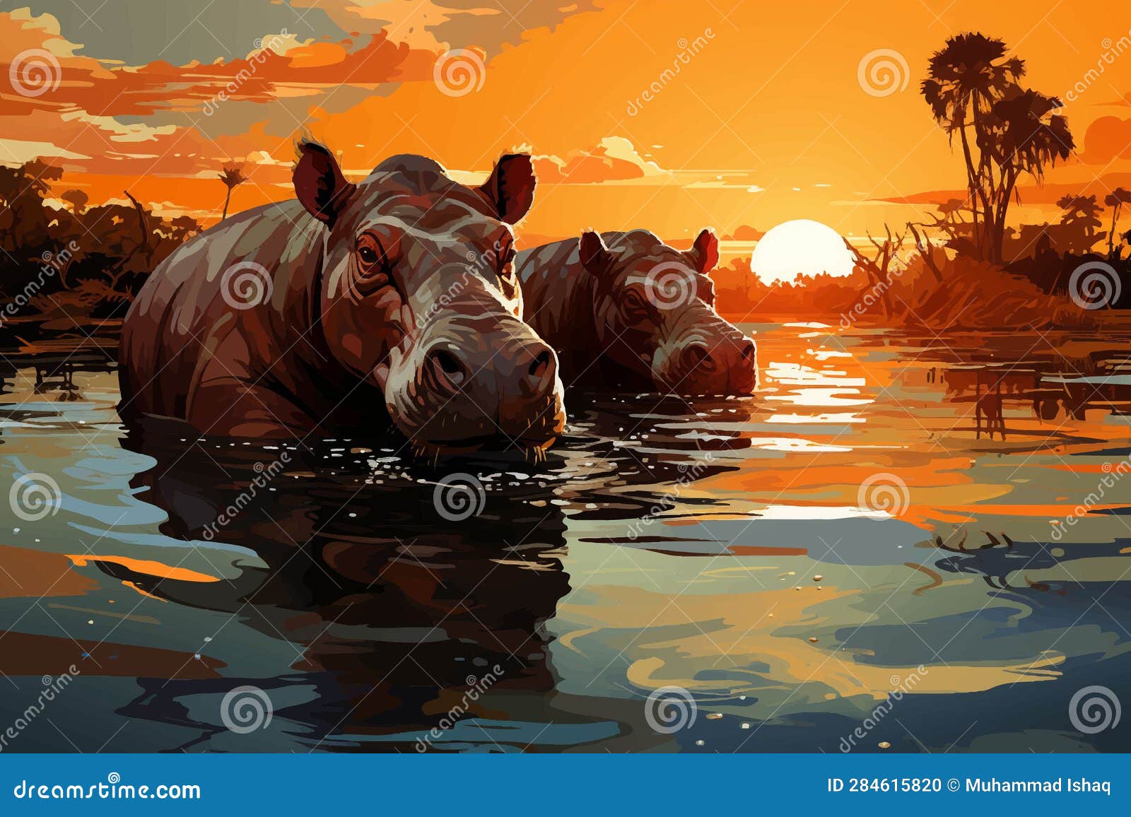 Okavango Delta Dusk, Hippos Wallow in Silhouette As the Sun Sets Stock ...