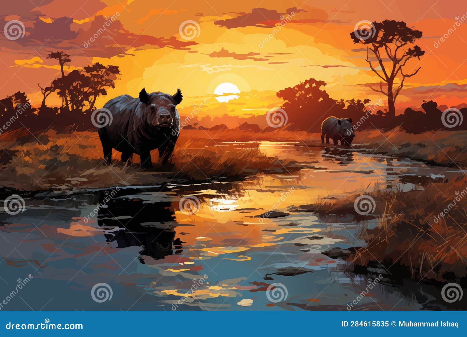 Okavango Delta Dusk, Hippos Wallow in Silhouette As the Sun Sets Stock ...