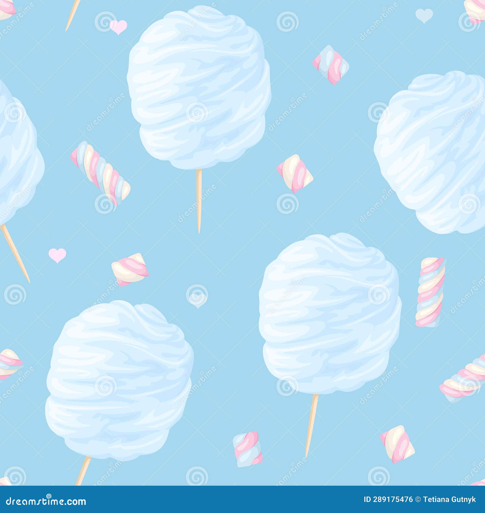 Blue Cotton Candy and Marshmallows Seamless Pattern. Background with ...