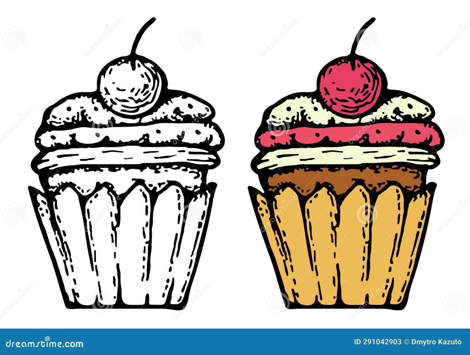 Cake with Cherry in Sketch Style. Vector Clipart Isolated on White ...