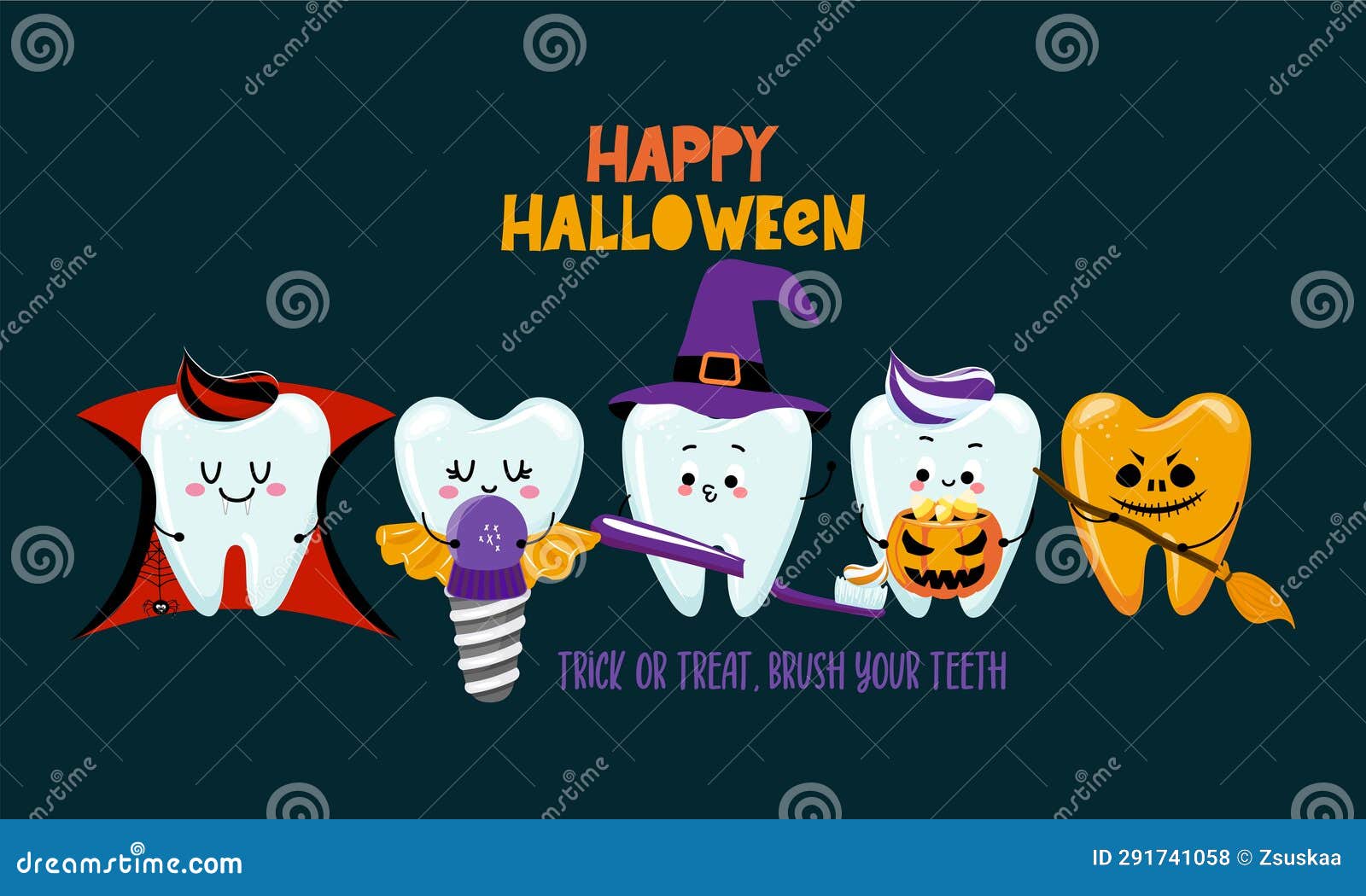 Trick or Treat, Brush Your Teeth - Tooth in Witch Costume with Broom ...