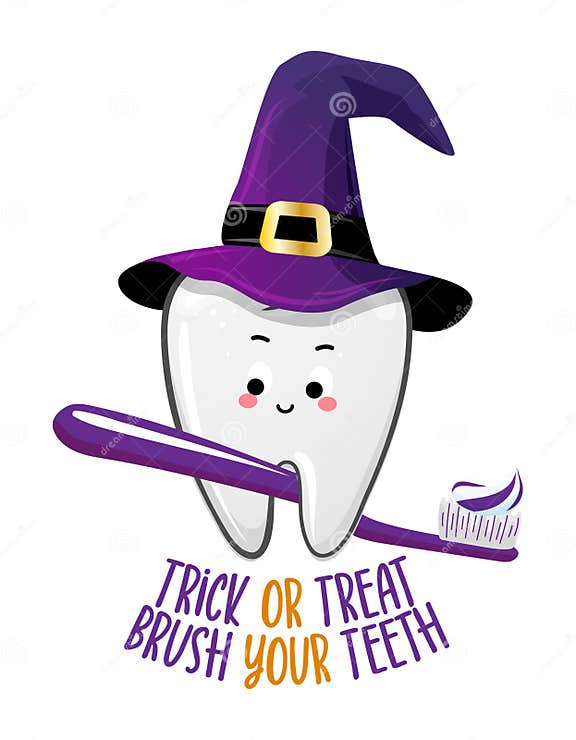 Trick or Treat, Brush Your Teeth - Tooth in Witch Costume with Broom ...