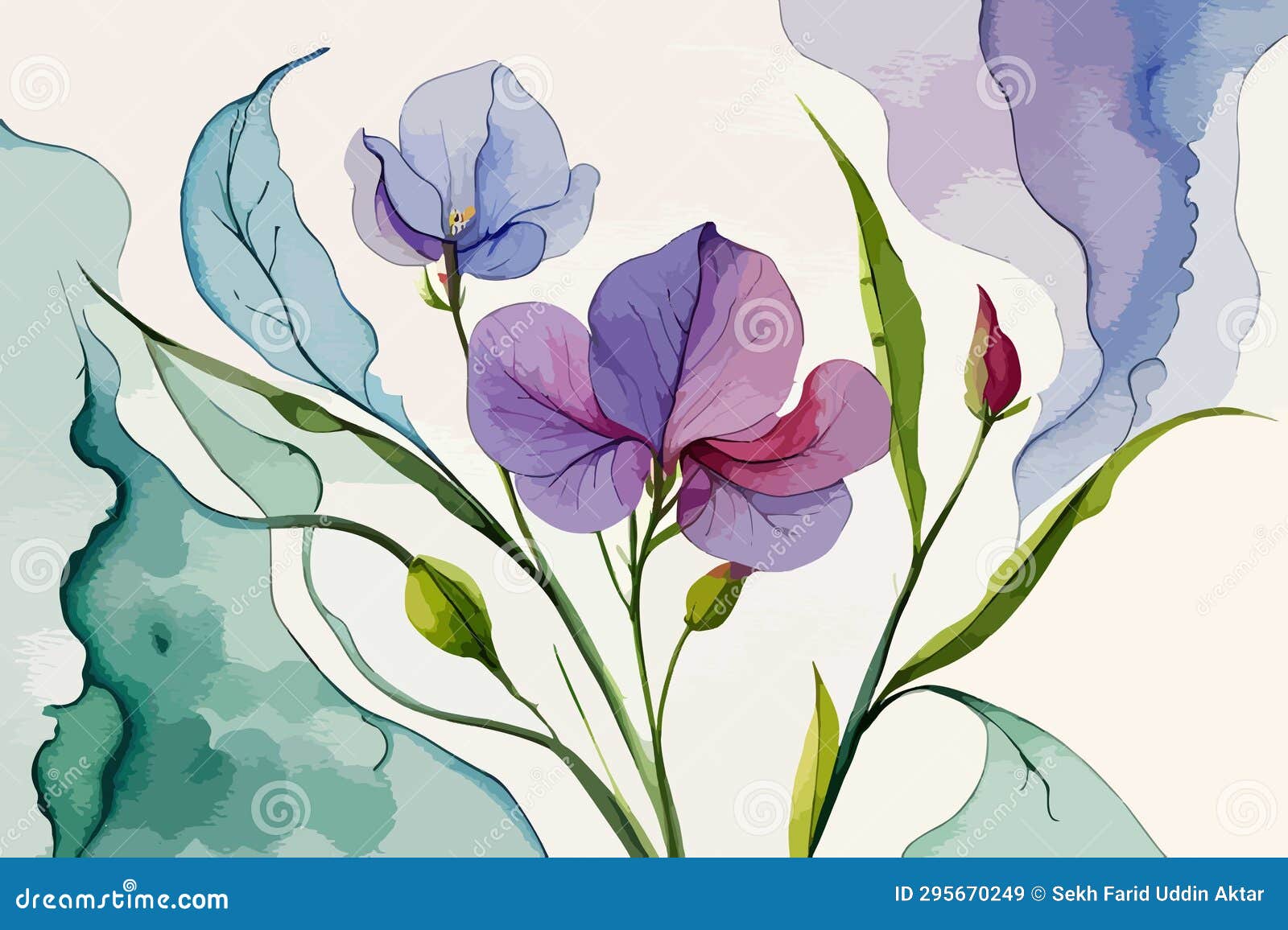 Sweet-pea Flower Watercolor Art and Illustration Created with Ai Stock ...
