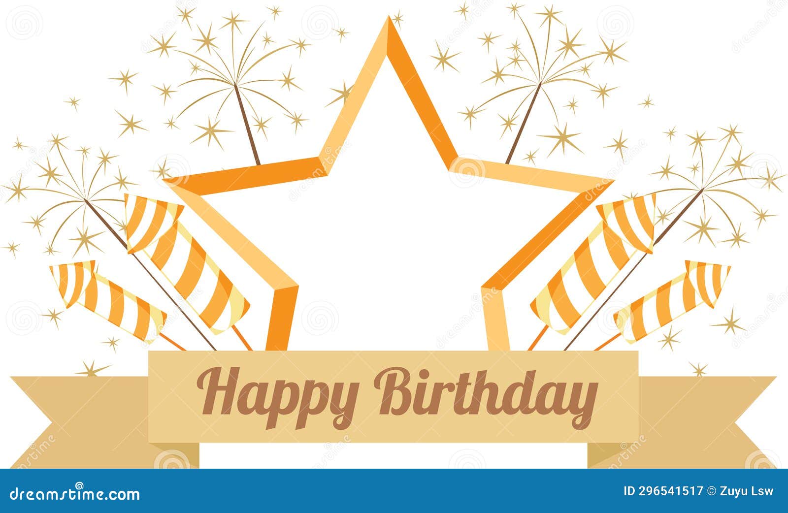 Happy Birthday Text with Golden Star and Ribbons on Card. Star Firework ...
