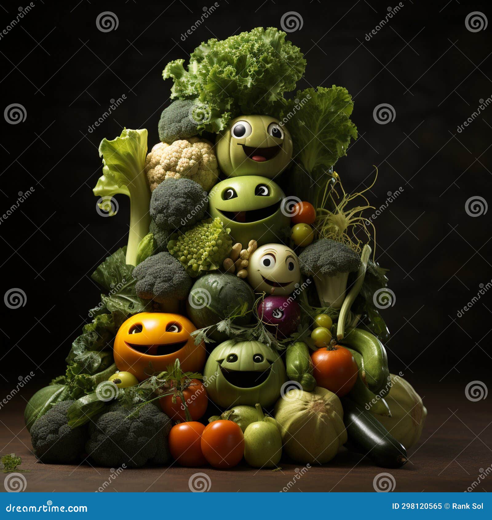 Whimsical Pile of Vegetables. Majestic Tower of Happy Vegetable Faces. Stock Illustration ...
