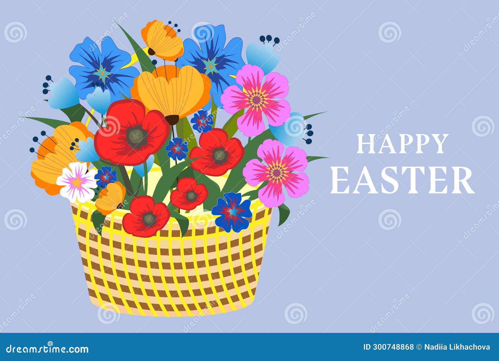 Easter Greeting Poster, with a Basket of Spring Wildflowers Stock ...