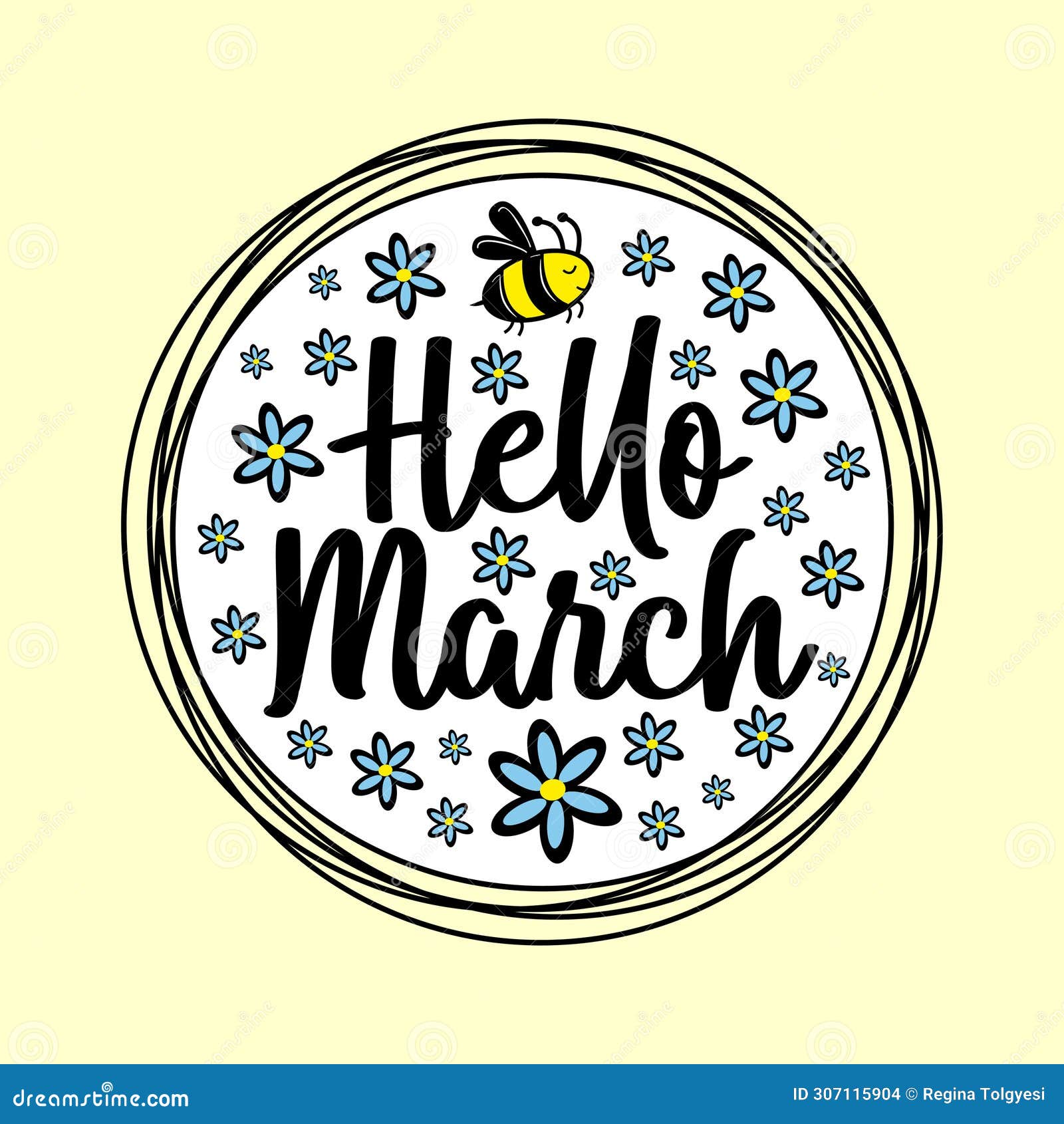 Hello March - Happy Greeting with Cute Bee and Daisy Flowers in Circle ...