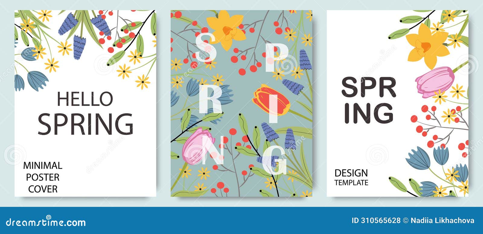 Set of Trendy Minimal Spring Posters with Beautiful Handmade Flowers ...