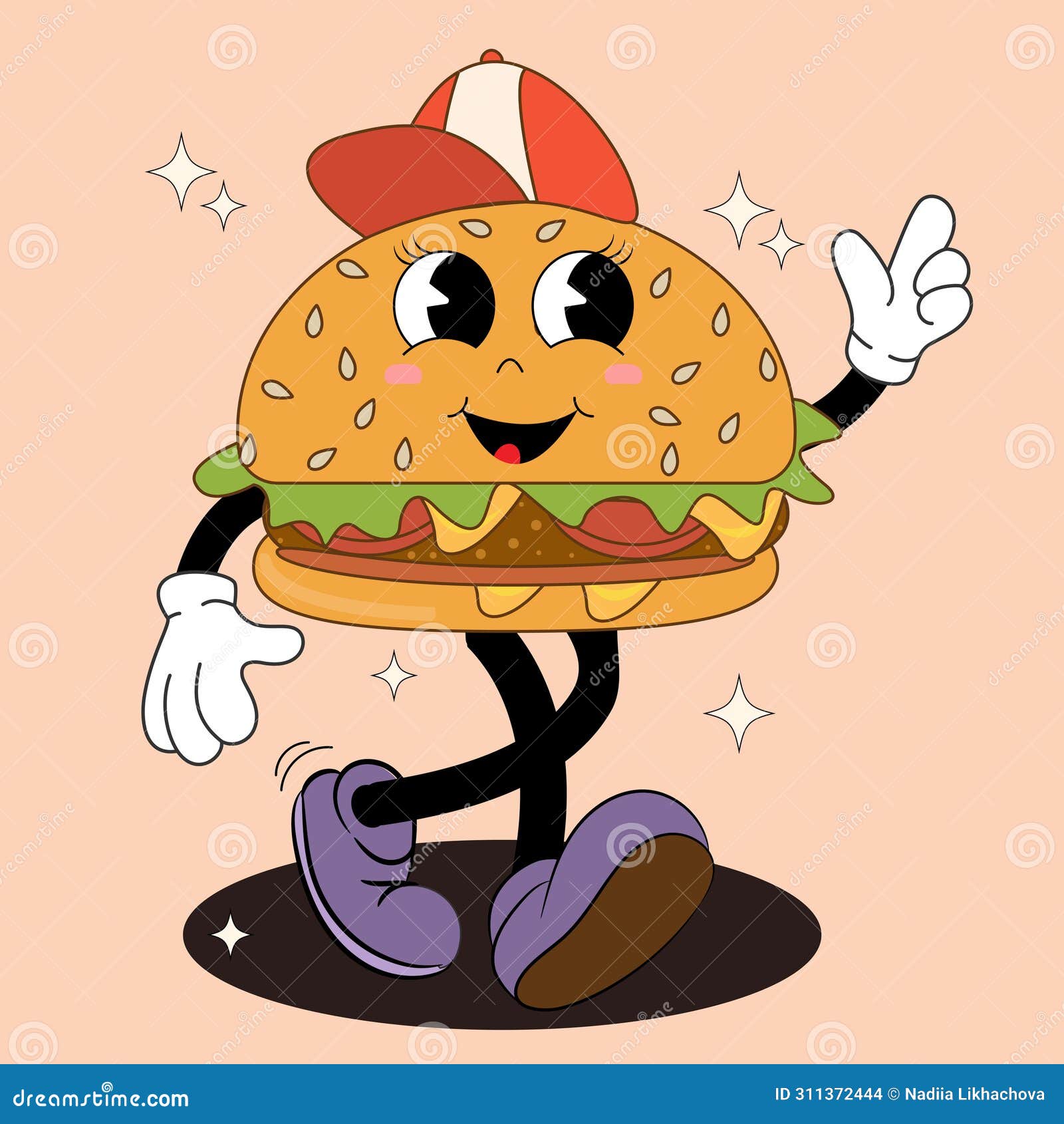 Burger in Cartoon Style. Groovy Street Food Character in Retro Burger ...