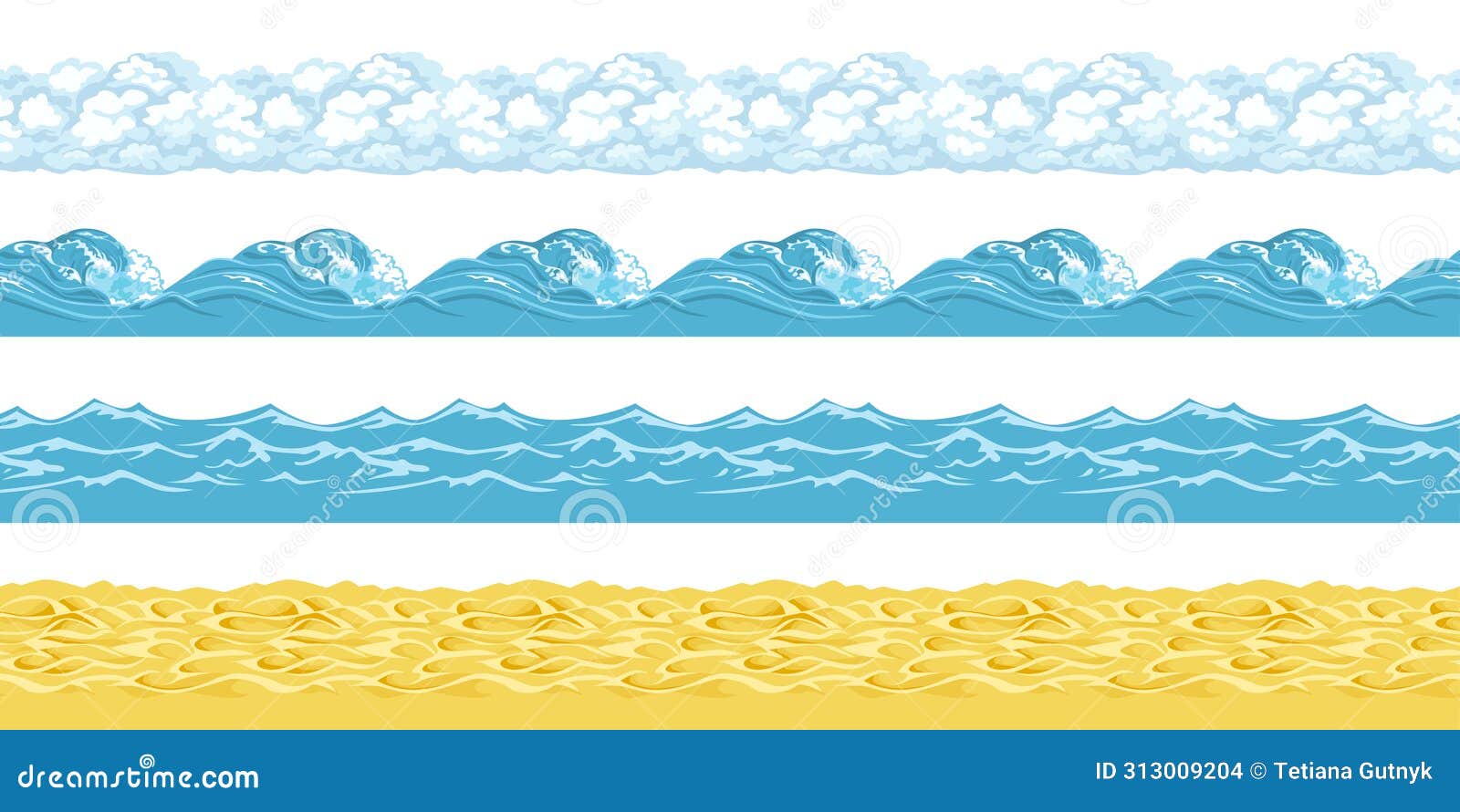 Set of Horizontal Seashore Seamless Patterns. Yellow Sand, Blue Sea ...