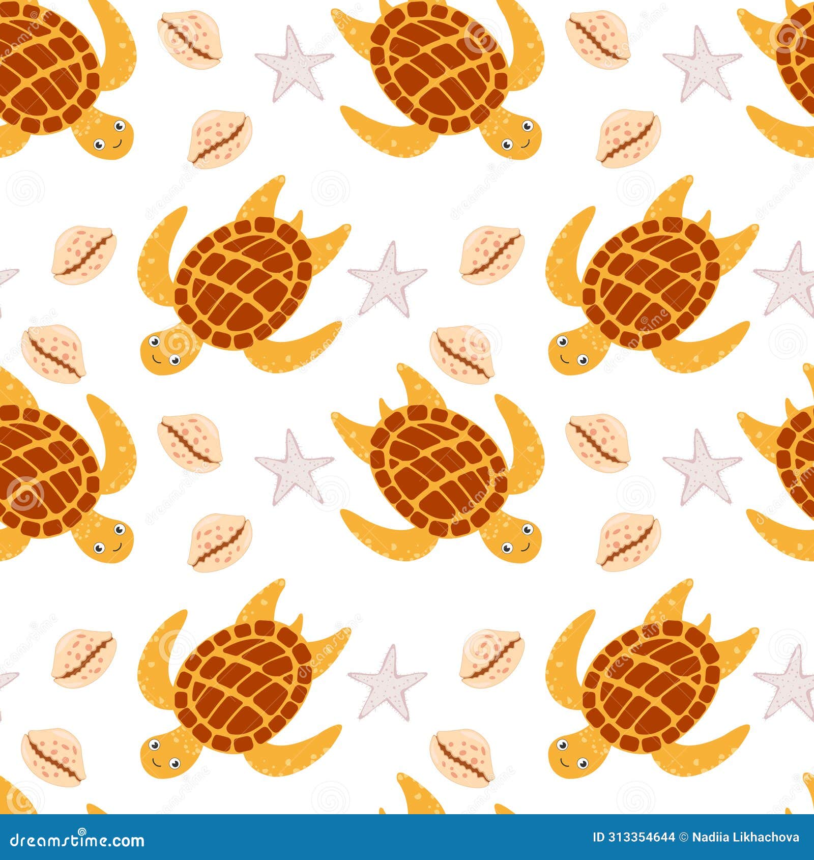 Sea Turtle Seamless Pattern. Trendy Turtle Pattern with Sea Shells ...