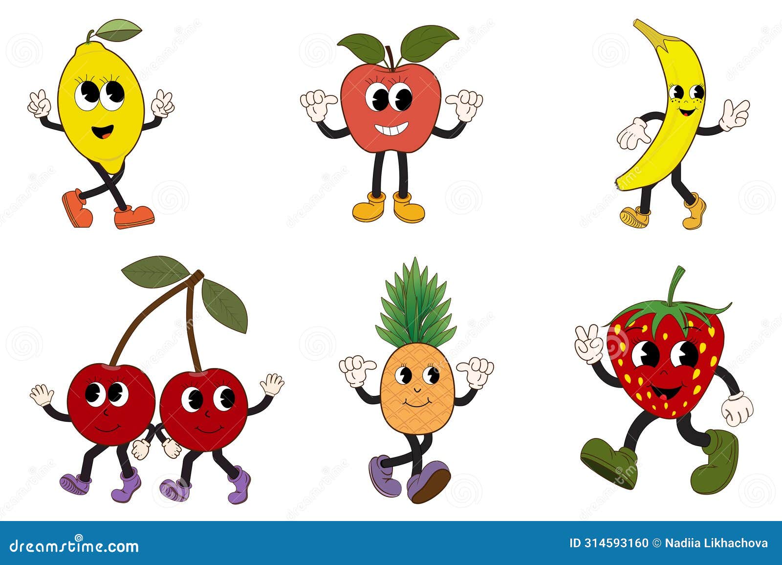 Set of Fruits, Retro Cartoon Character in Groovy Style. Stock Vector ...