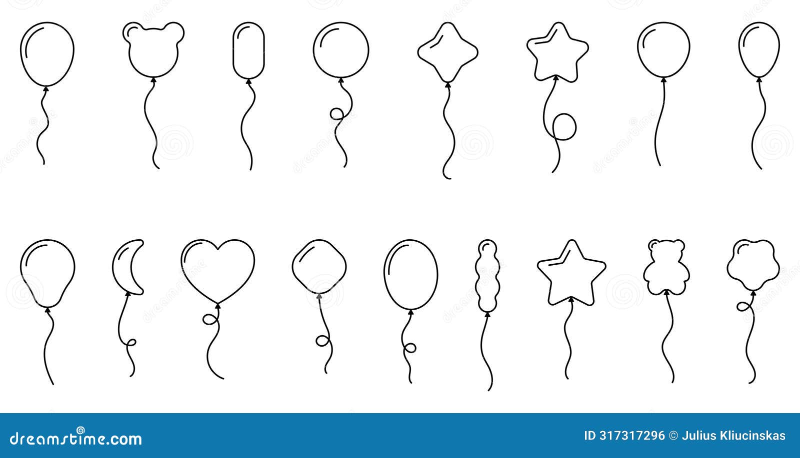 Balloon Outline Icons with String in Line Cartoon Style. Different ...