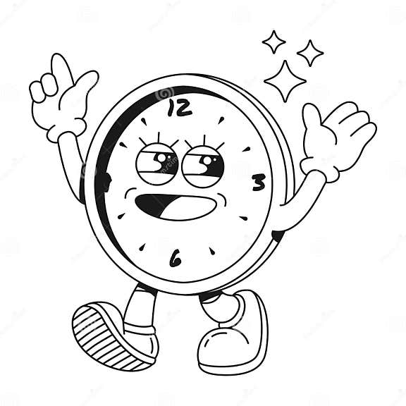 Retro Cute Wall Clock Character. Black and White Vector Illustration ...