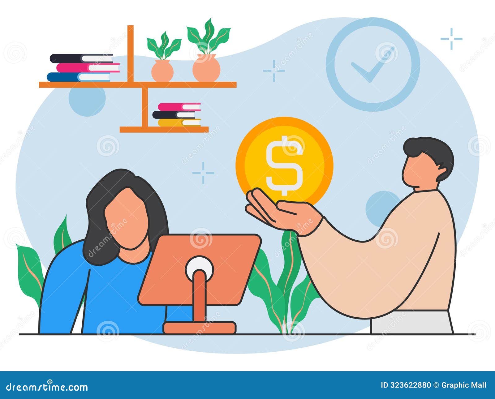 Man pays cash at counter stock illustration. Illustration of desk ...