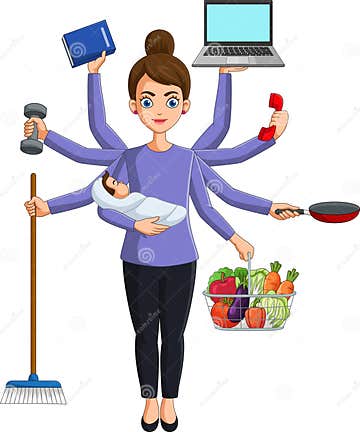 Illustration Cartoon of Multitasking Woman Stock Vector - Illustration ...