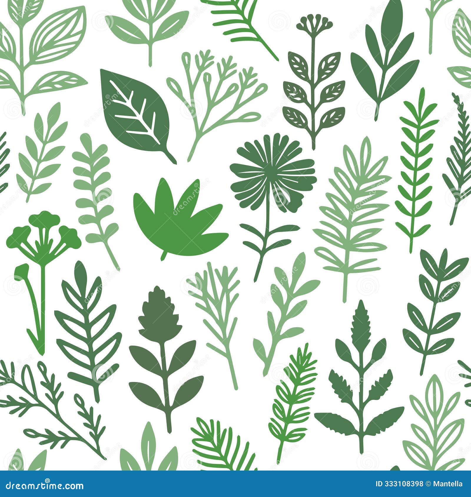 Seamless Pattern of Green Plants and Flowers on White Background Stock ...