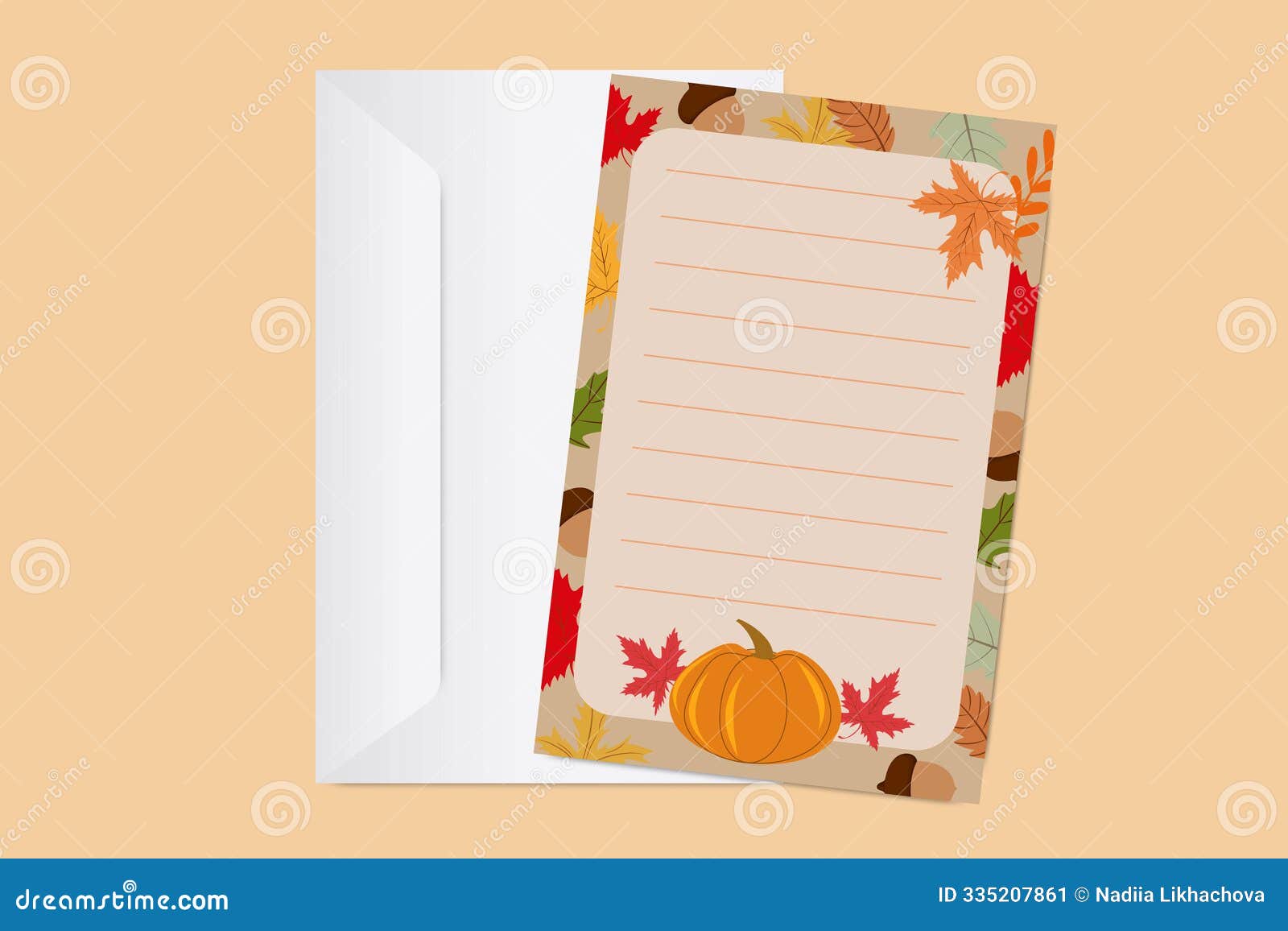 Autumn Letter Paper with Blank White Envelope with Pumpkin and Colorful ...