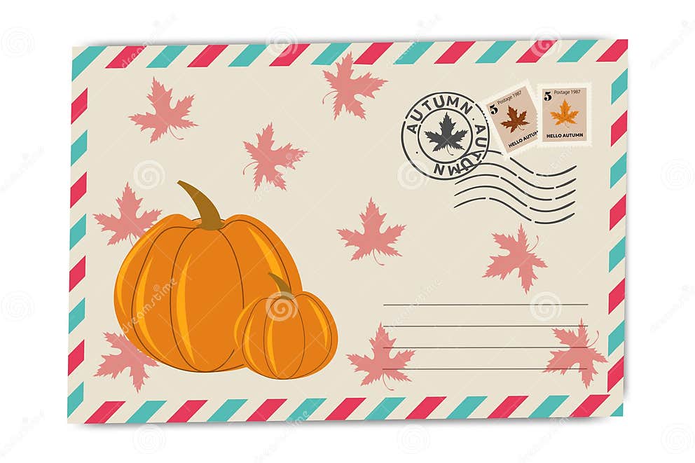 Autumn Envelope with Pumpkin Illustration, Maple Leaves, and Seasonal ...