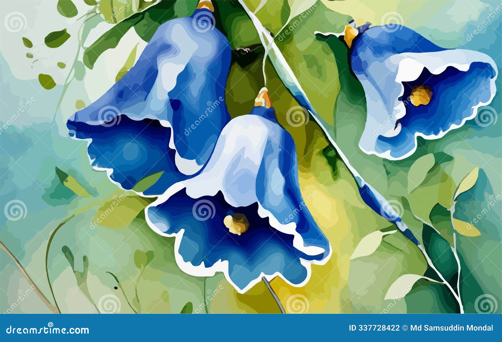 Watercolor Illustration of Blue Bell, Botanical Illustration, Flowers ...