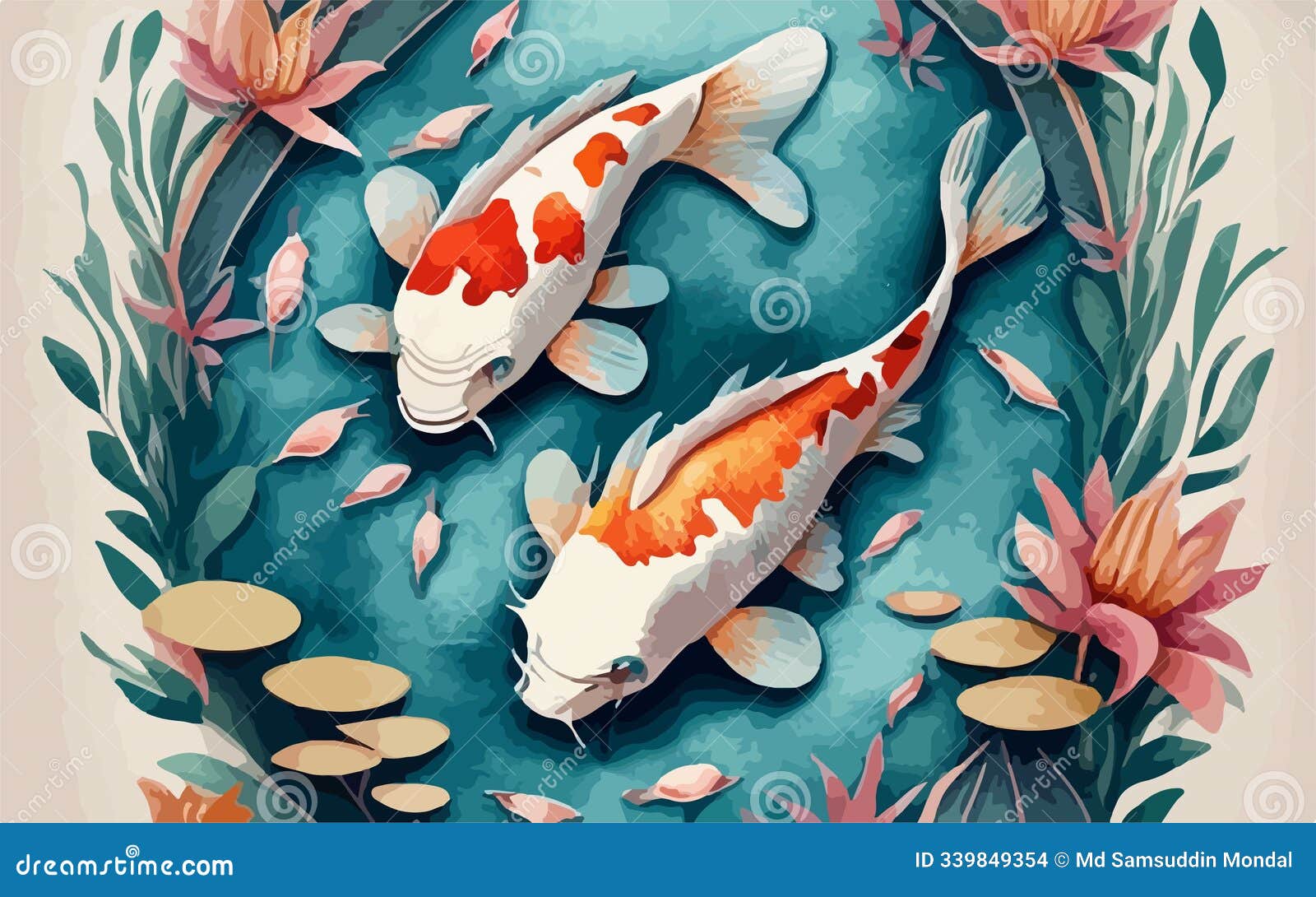 Watercolor Illustration of Koi Fish, Botanical Illustration, Flowers ...