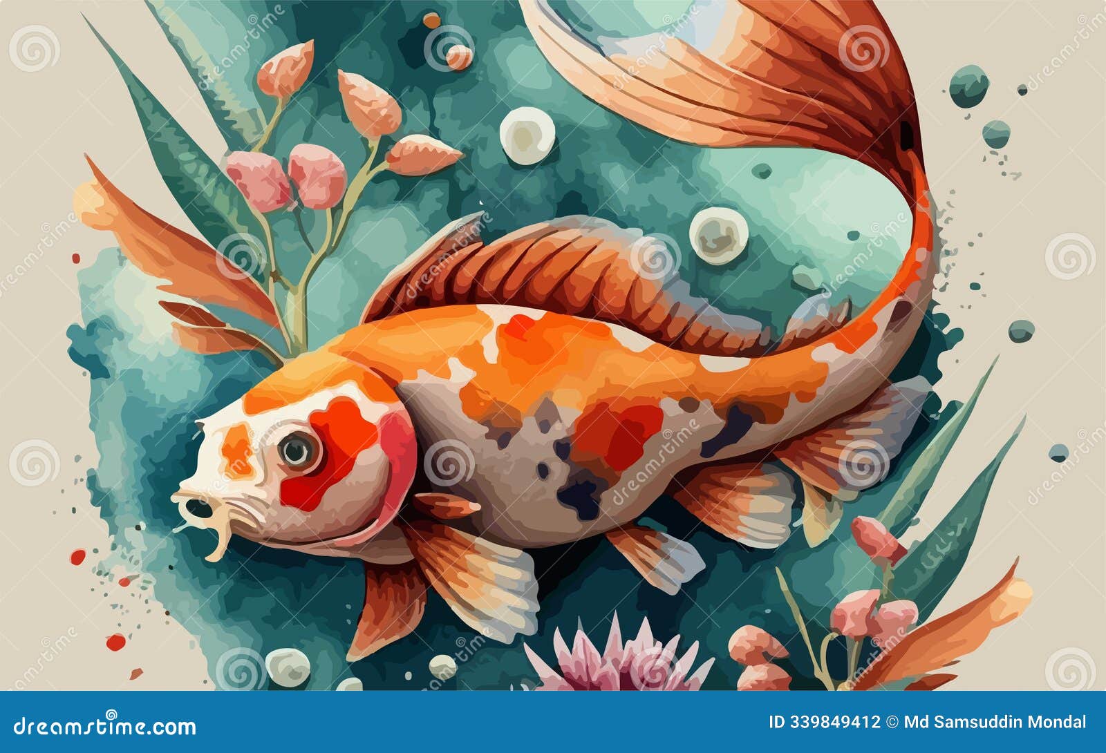 Watercolor Illustration of Koi Fish, Botanical Illustration, Flowers ...