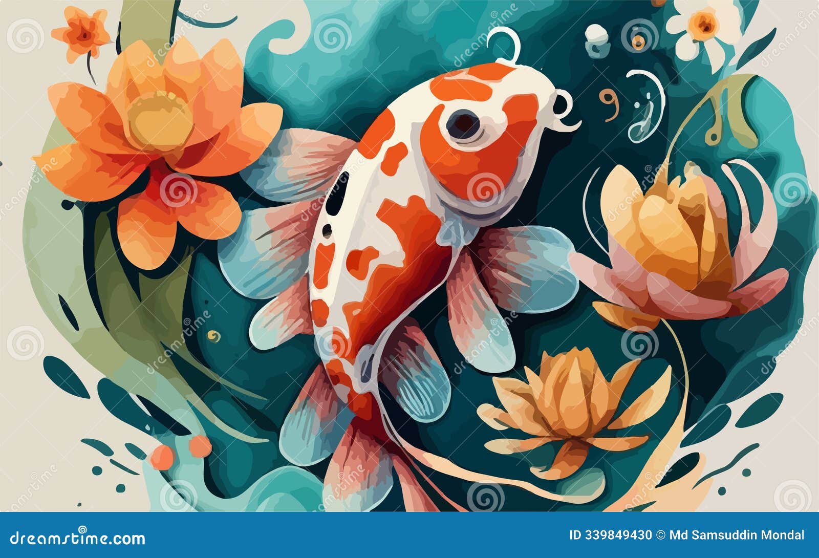 Watercolor Illustration of Koi Fish, Botanical Illustration, Flowers ...