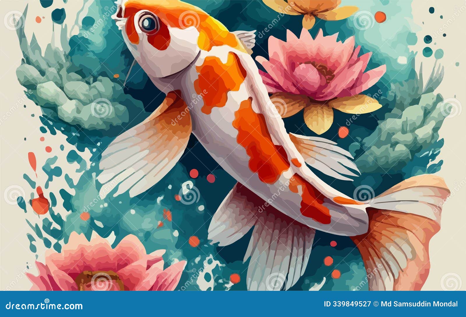 Watercolor Illustration of Koi Fish, Botanical Illustration, Flowers ...