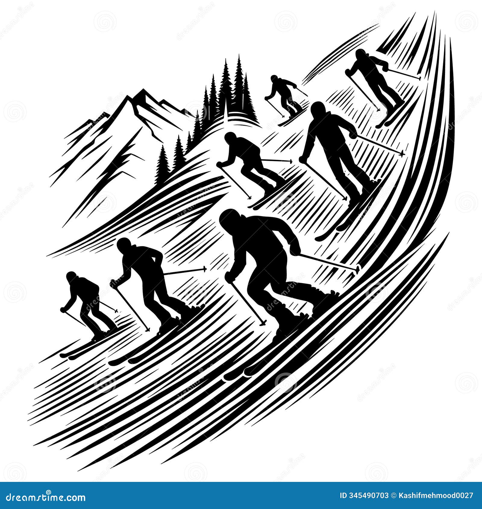 Winter Sports Illustration Featuring Skiers on Scenic Mountains Stock ...
