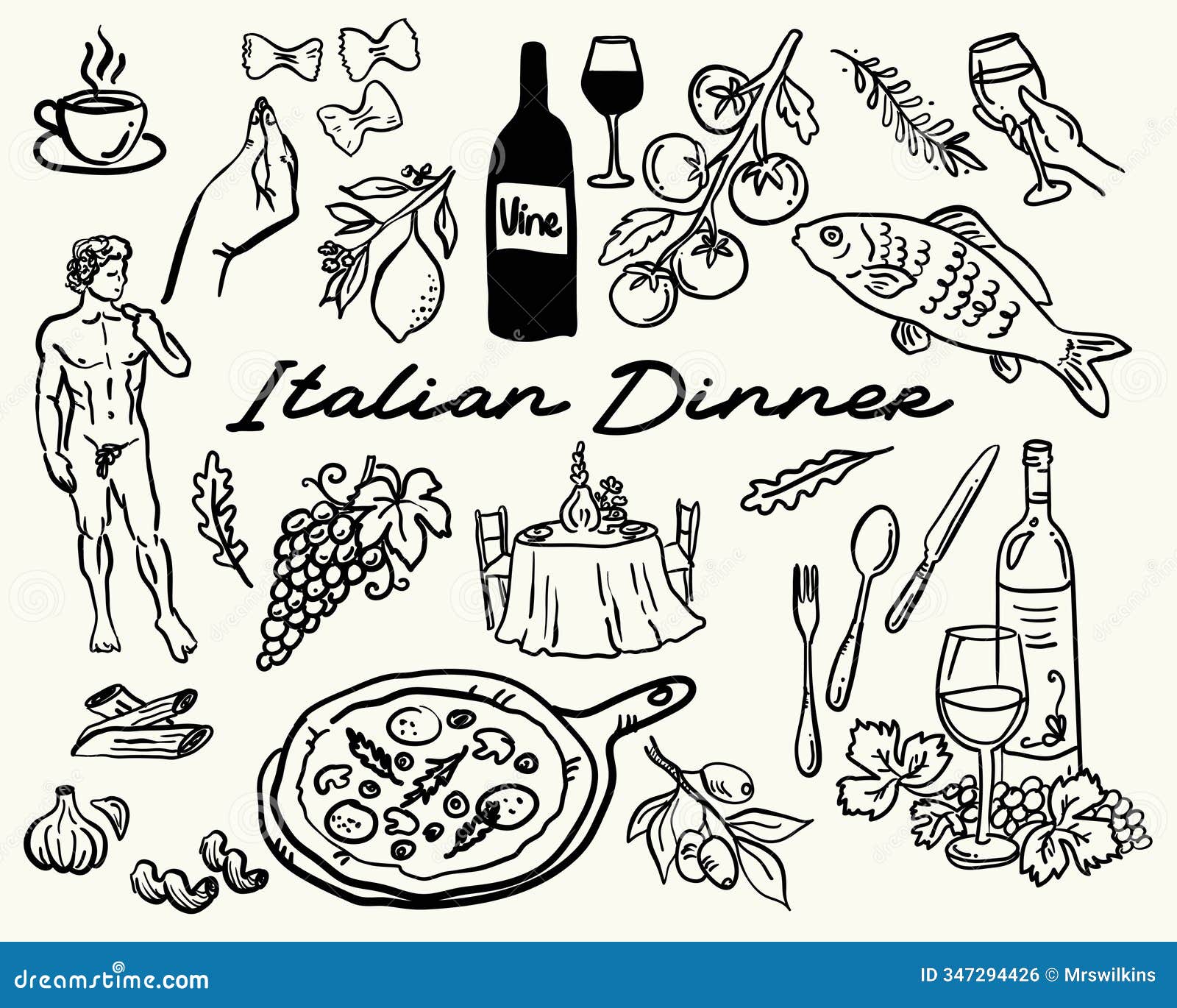 Italian Dinner - Whimsical Style, Hand Drawn Collection of ...