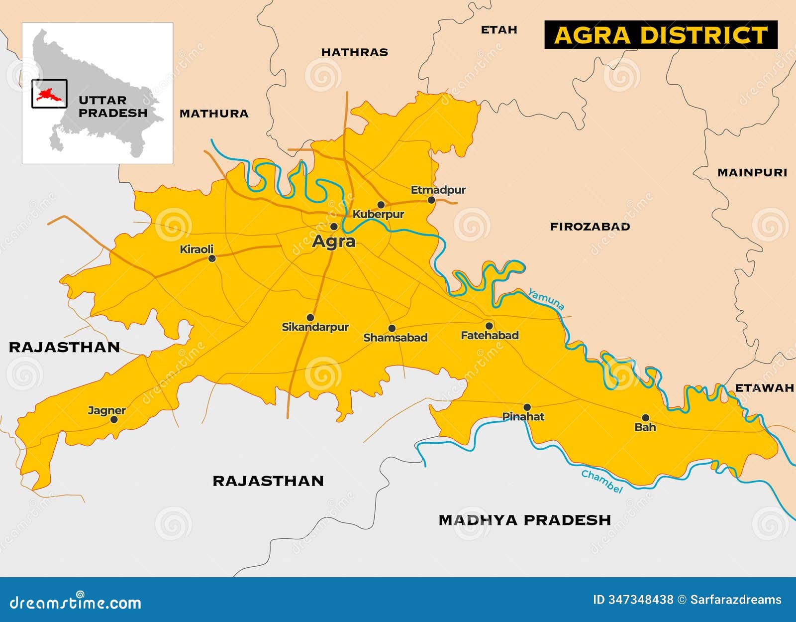 Detailed map of Agra stock vector. Illustration of community - 347348438