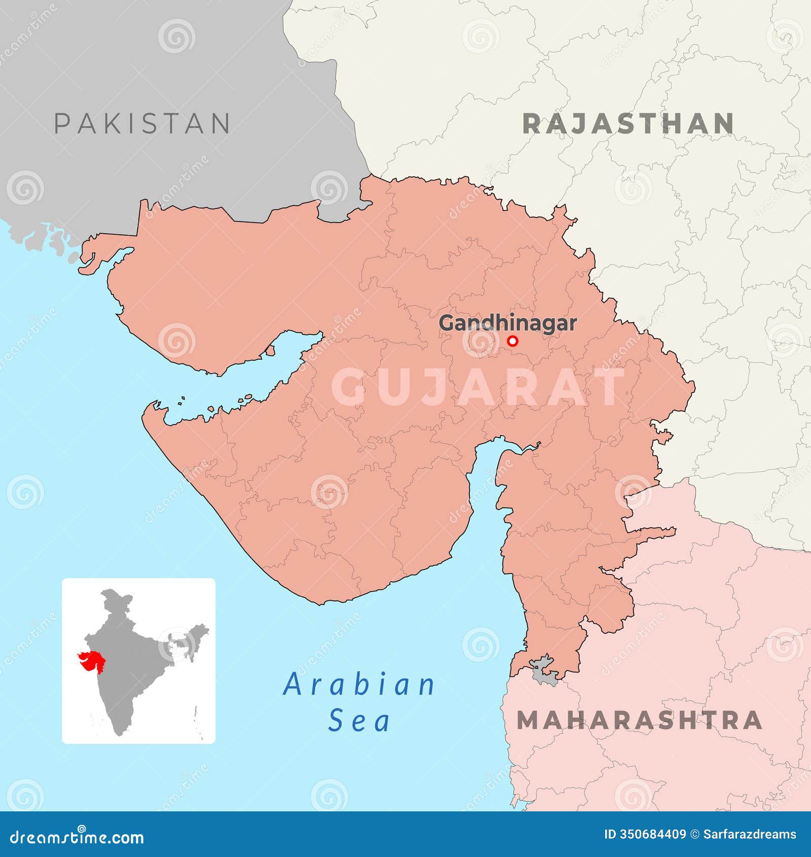 Gujarat District Map With Capital Gandhinagar, State Of India Royalty ...