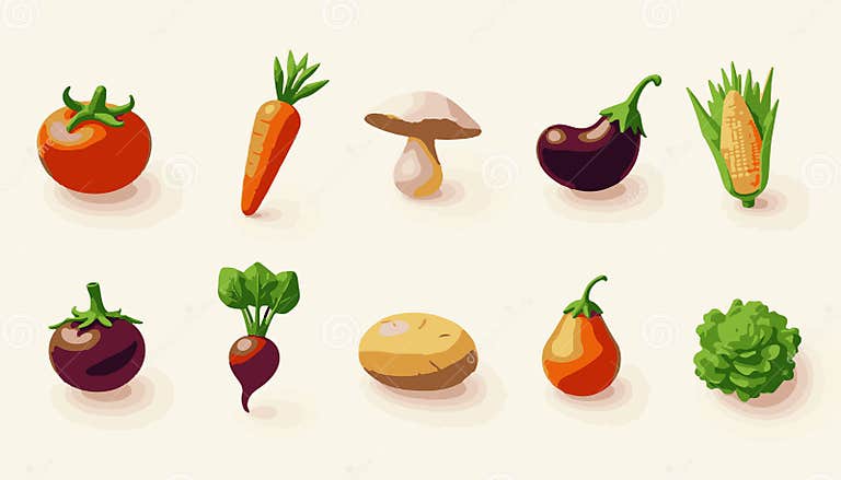 Colorful 2D Vegetable Icon Set Vector Illustration Stock Illustration ...