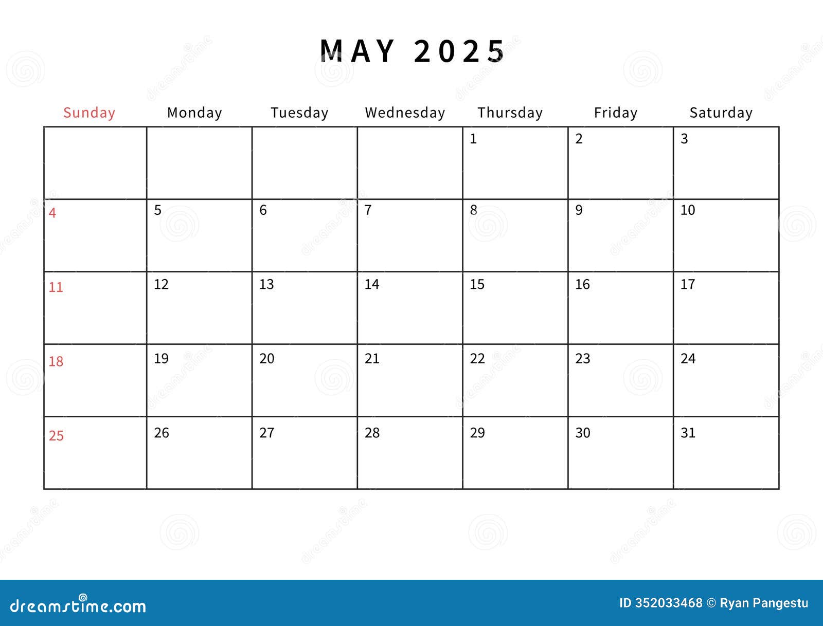 Minimalist May 2025 Calendar Design Vector Illustration. Stock ...