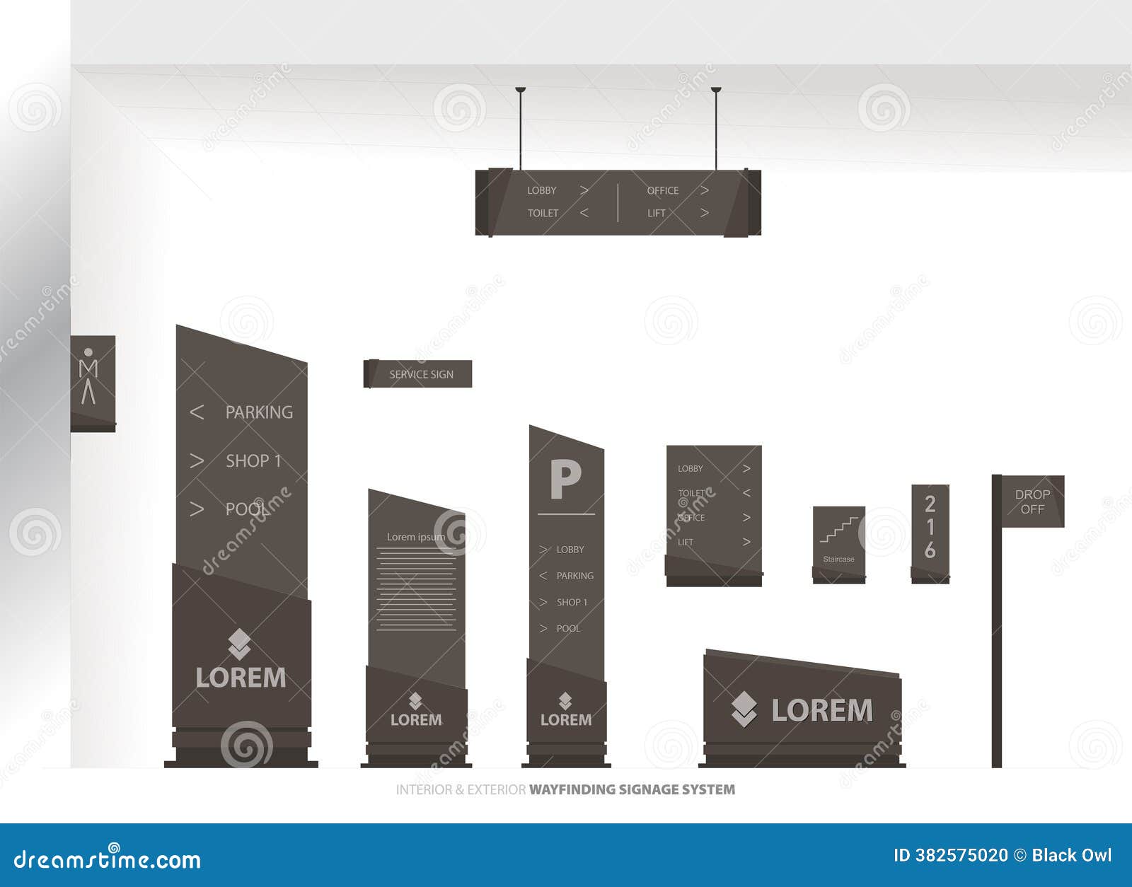 Wayfinding System Signage Mockup Set. Exterior And Interior Way Finding ...