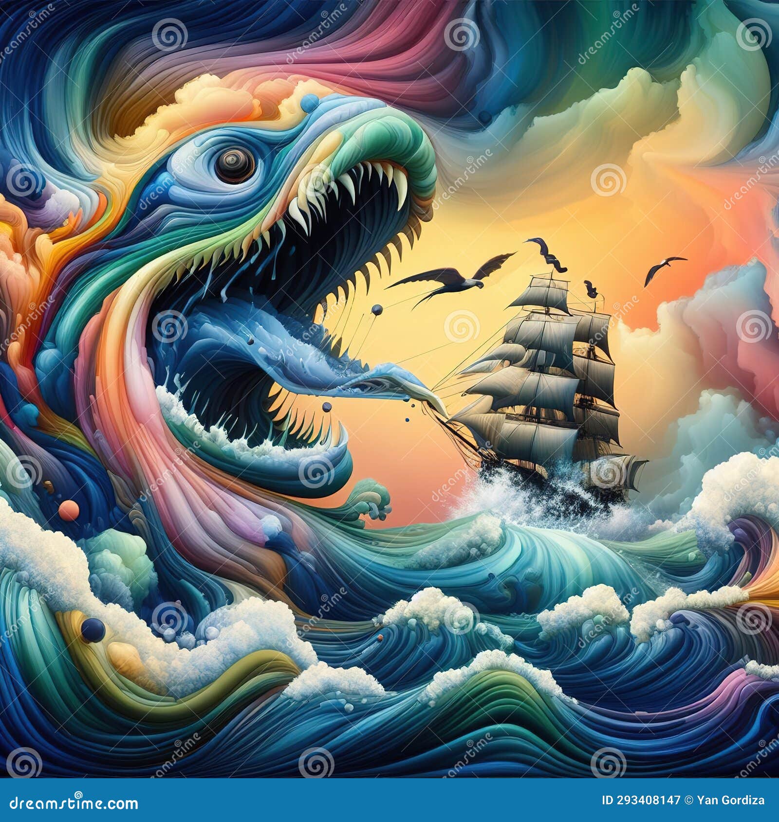 Art Illustration of a Sea Monster Devouring a Ship Stock Image - Image ...