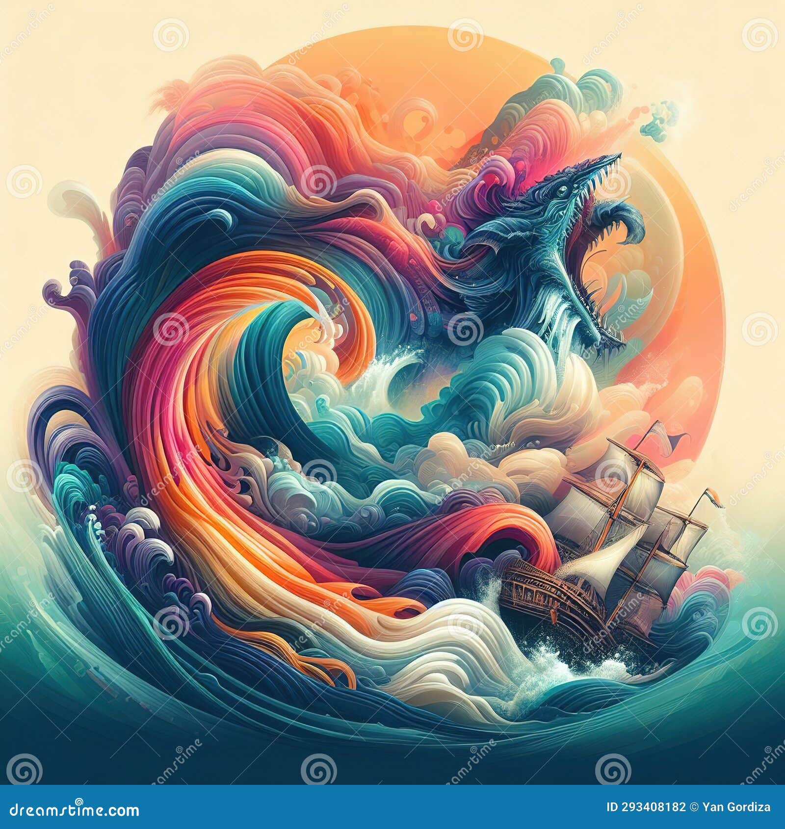 Art Illustration of a Sea Monster Devouring a Ship Stock Photo - Image ...