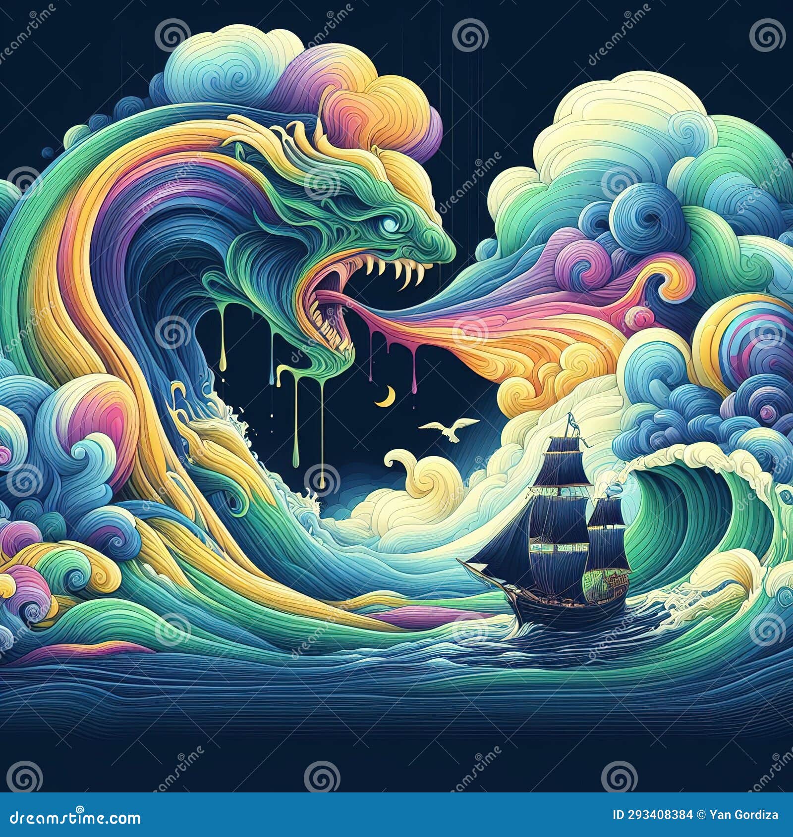 Art Illustration of a Sea Monster Devouring a Ship Stock Photo - Image ...