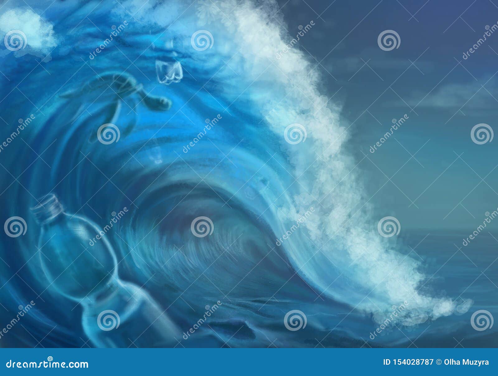 Art Illustration of the Wave and Plastic Bottle -pollution of the ...