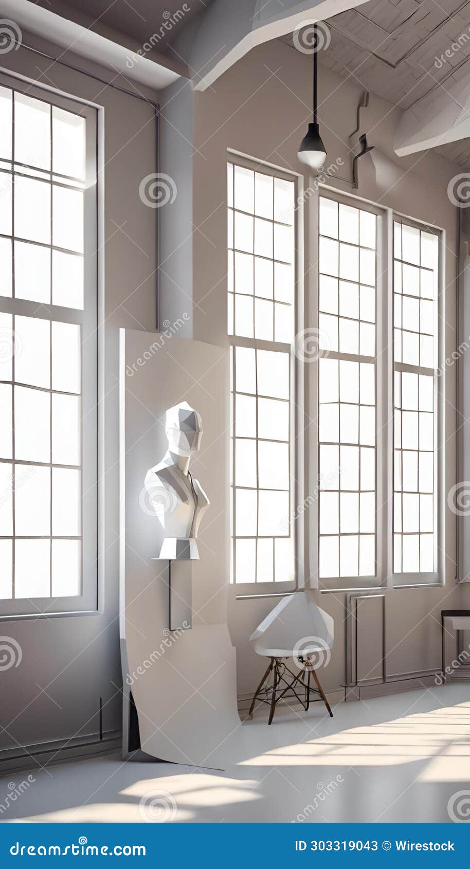 An Art Installation of a Bust in a Low Poly Style. Room Has Tall ...