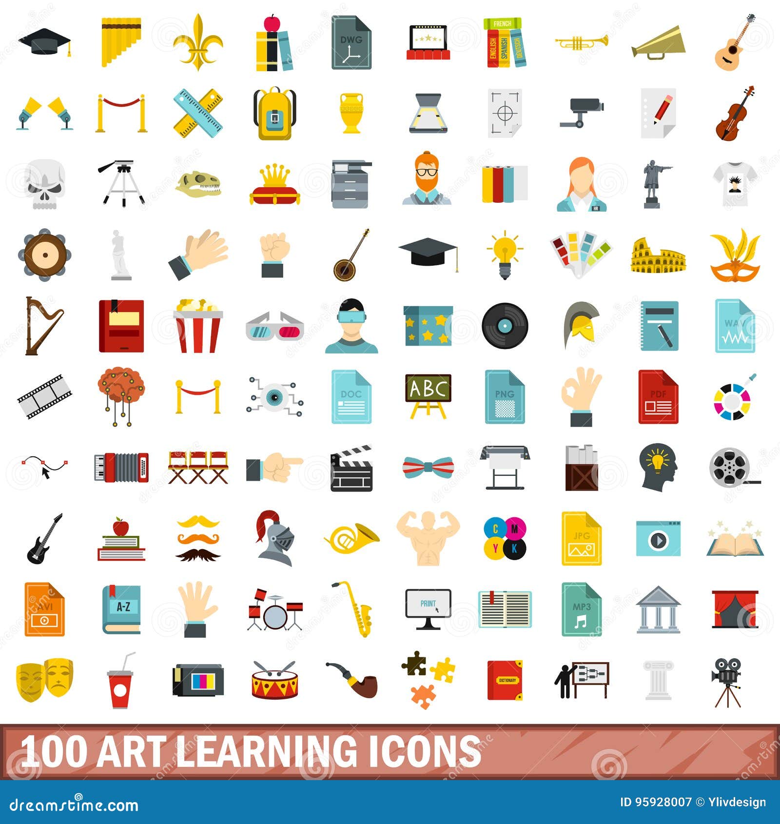 100 Art Learning Icons Set, Flat Style Stock Vector - Illustration of ...