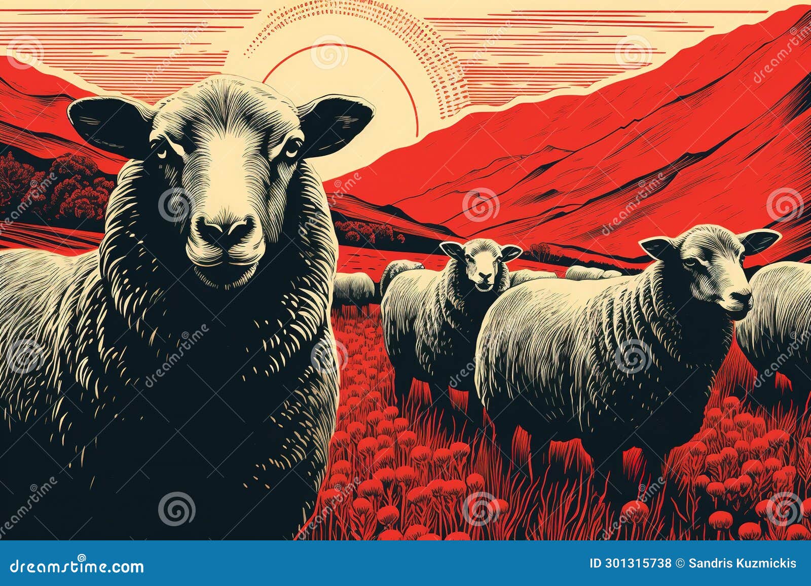 Art Life of Sheep in Nature, Block Print Style. Generative AI Stock ...