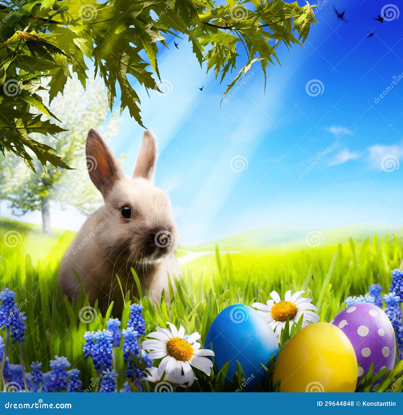 Art Little Easter Bunny and Easter Eggs on Green Grass Stock Photo ...
