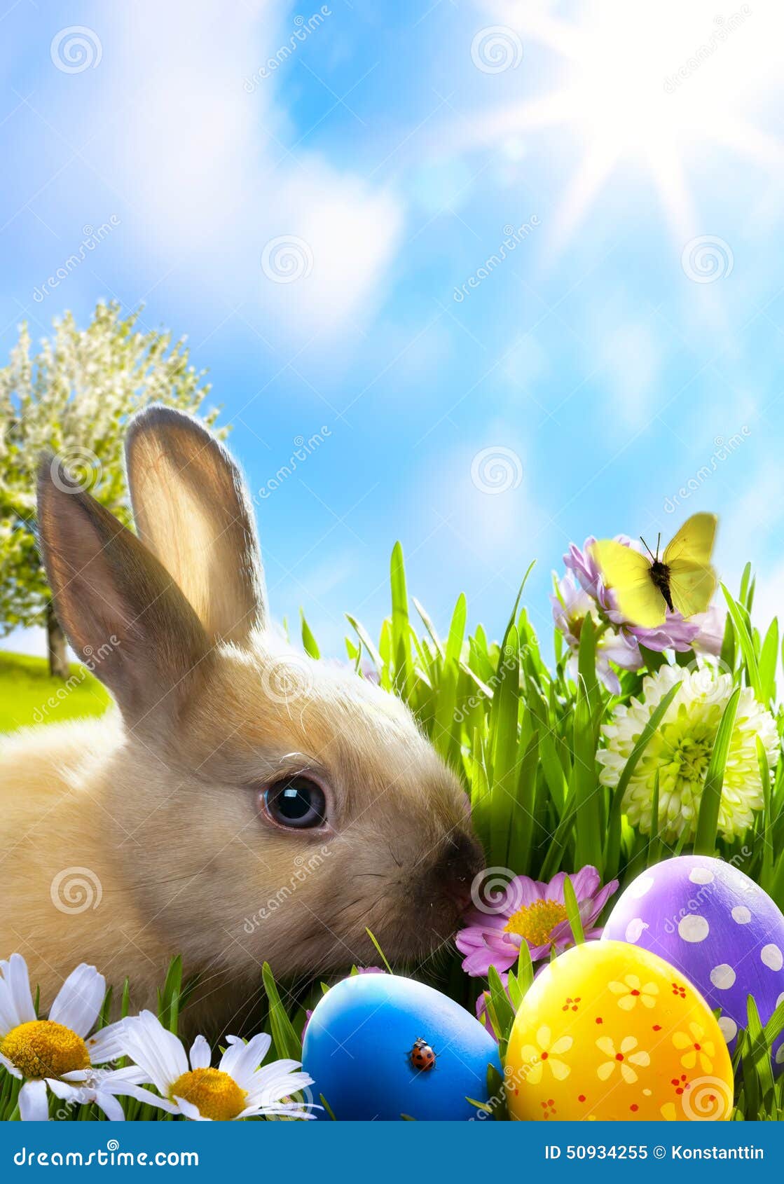 Art Little Easter Bunny and Easter Eggs on Green Grass Stock Image ...
